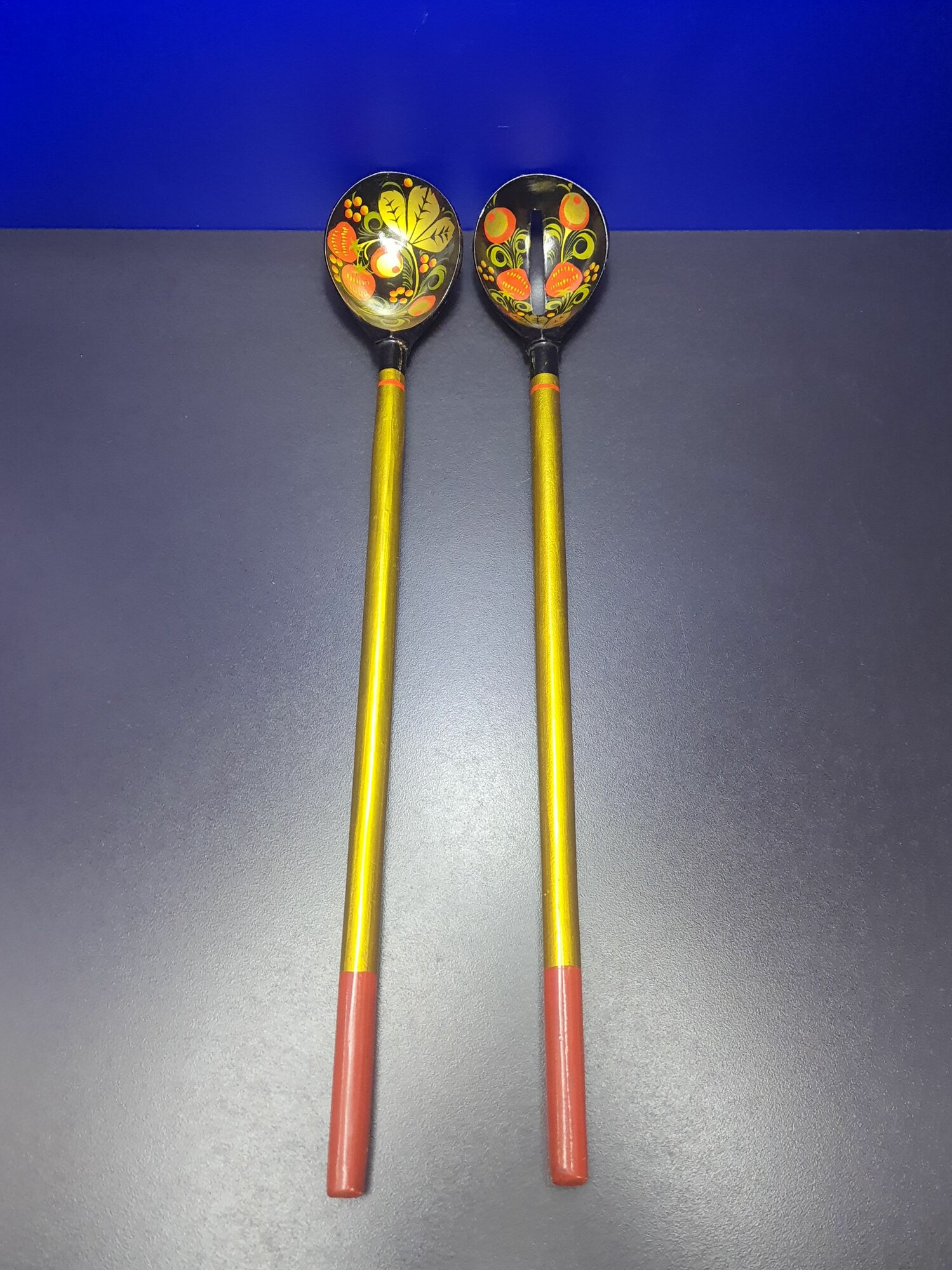 Винтажные ложки Хохлома, для варенья, солений, 40 см, дерево, роспись, СССР 80е (набор 2шт)