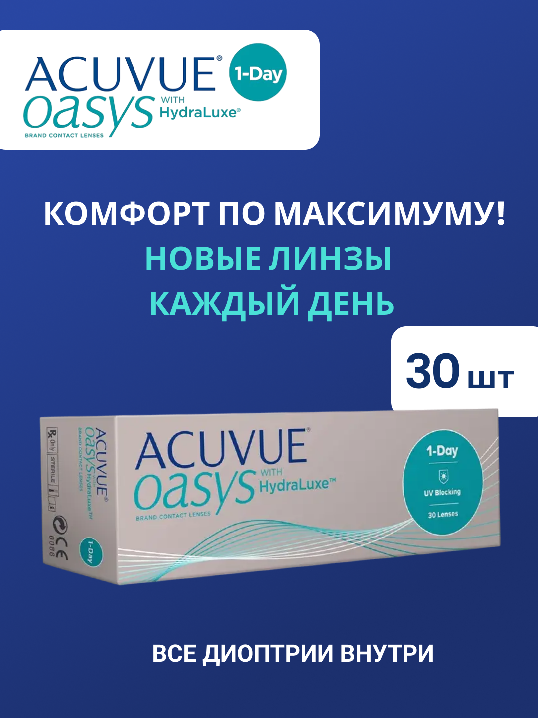 Контактные линзы Acuvue Oasys 1-Day with HydraLuxe 30 линз R 8,5 -2,00