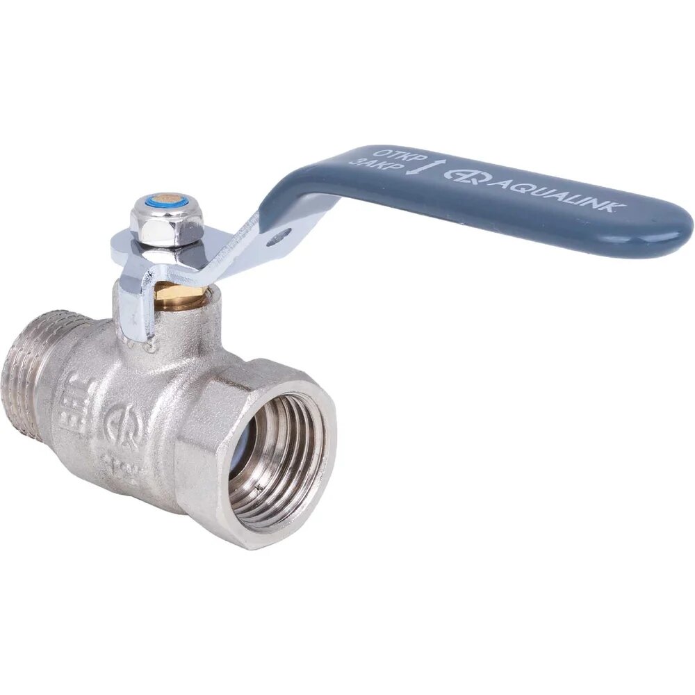 Шаровой кран AQUALINK вн-нар 1/2 ручка 01149, 30 л, латунный никелированный, запорная арматура для бытовой воды
