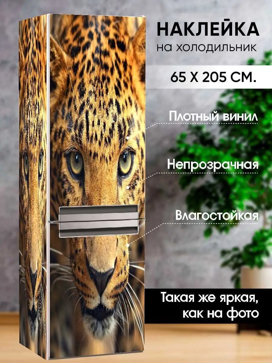 Наклейка интерьерная "Взгляд леопарда", виниловая, влагостойкая, термостойкая, глянцевая, 65x205 см