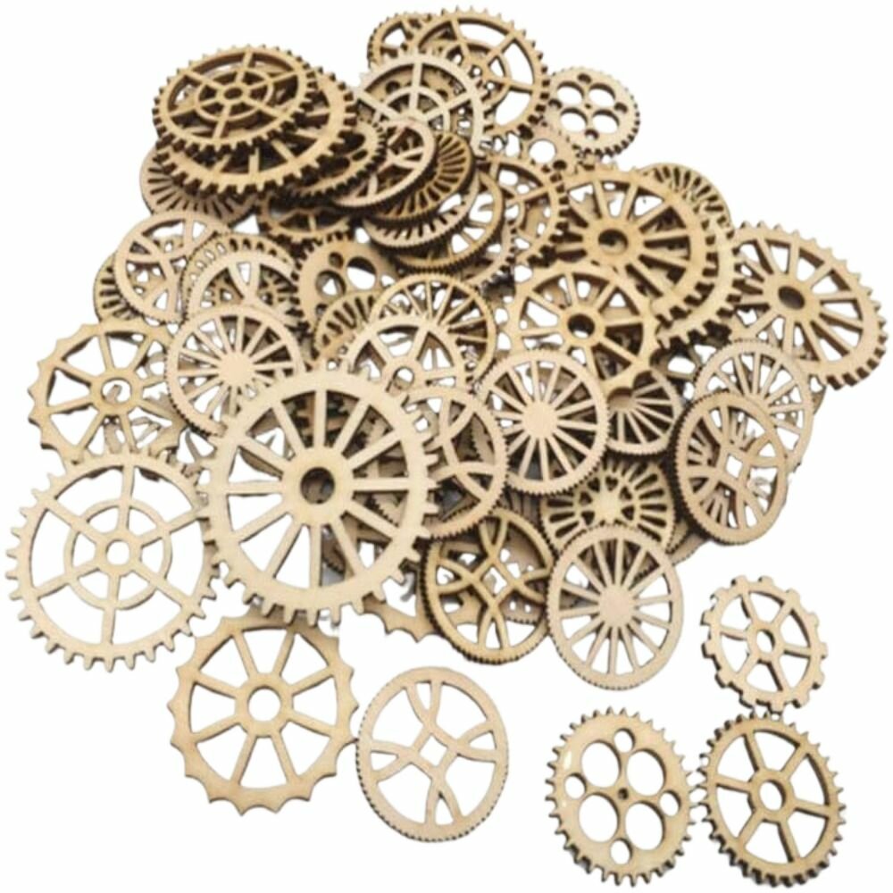 Деревянные шестерни колеса для творчества и декора, 50 шт разных размеров, природное дерево для handmade поделок, детских аппликаций и домашнего интерьера