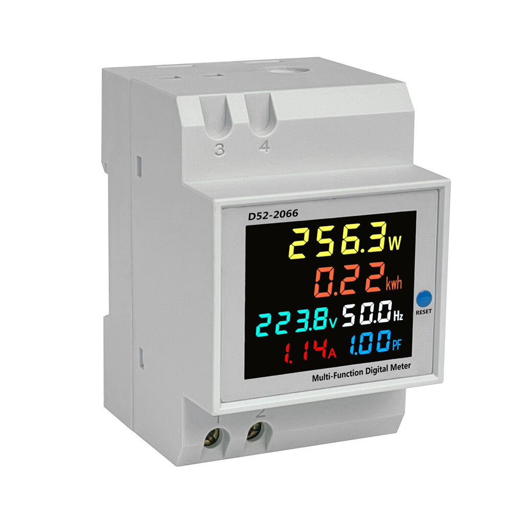 Счетчик электроэнергии D52-2066 DIN-Rail с цветным ЖК-дисплеем для измерения напряжения, тока, активной мощности, частоты, многофункциональное устройство мониторинга, типы AC40-300V 100A и AC250-450V 100A (выбор), материал пластик, размер 54*64*80мм, вес