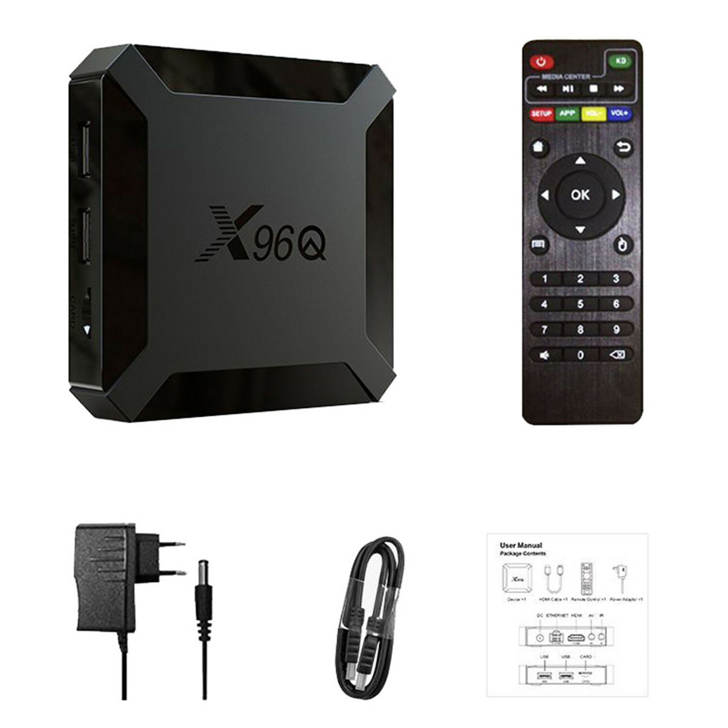 TVBOX 4K60 Android 10 HEVC H.265 Encoding 2+16G Black с беспроводным подключением и пультом дистанционного управления, поддерживающий DLNA/MIRACAST/AIRPLAY, EU/US вилка, ABS, чип H313, Quad Core Cortex-a53, Mali G31, 1.35GHZ, интерфейсы