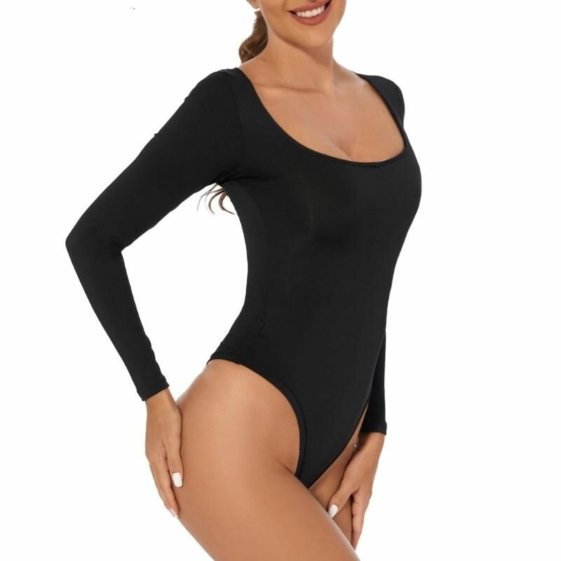 Женский боди с длинными рукавами и квадратным вырезом, Черный - XXL