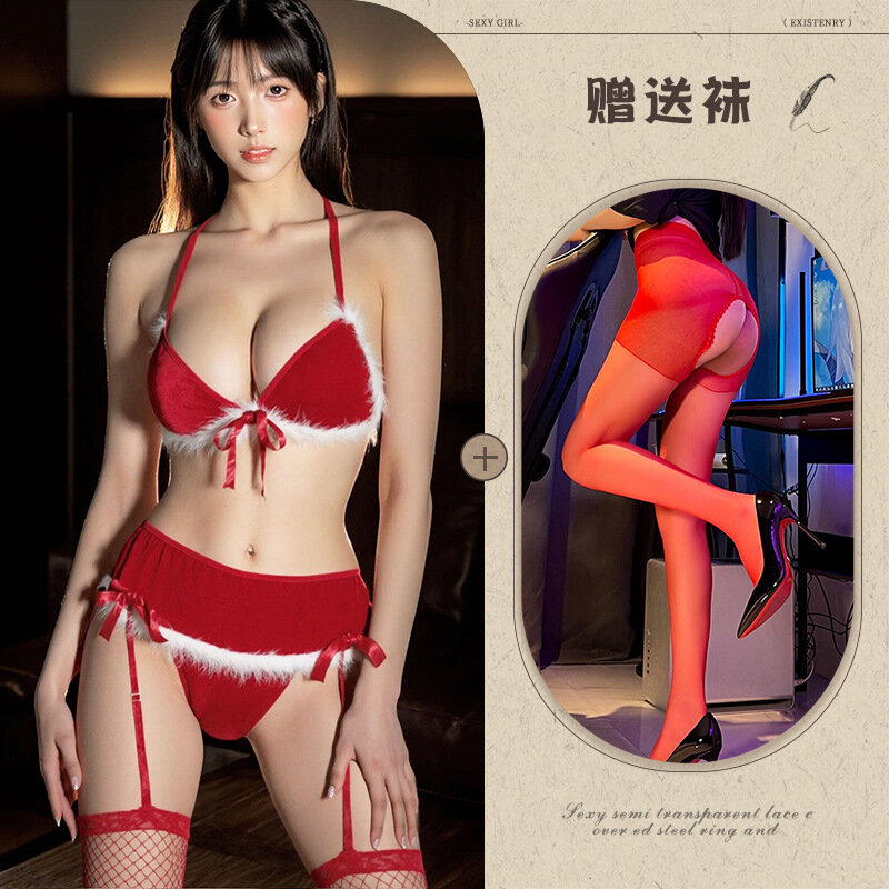 Сексуальный рождественский комплект нижнего белья, красный подарочный комплект, соблазнительная униформа, плюшевые чулки с бабочками и тремя точками опоры. Красные чулки с открытой промежностью.