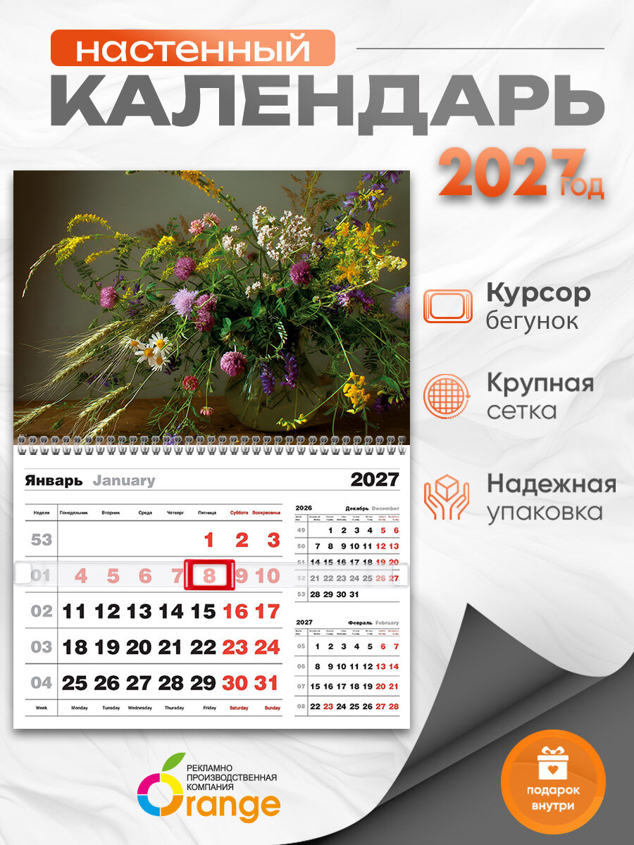 Календарь настенный 2027 год одноблочный, отрывной, 42x30 см