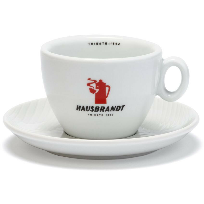 Чашка с блюдцем Hausbrandt Капучино, 150мл, белая с красным логотипом