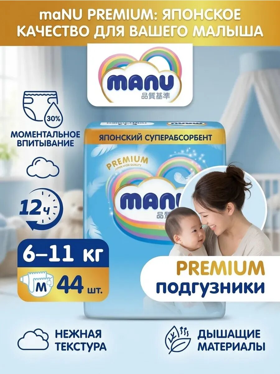 Подгузники MANU Premium М 44шт