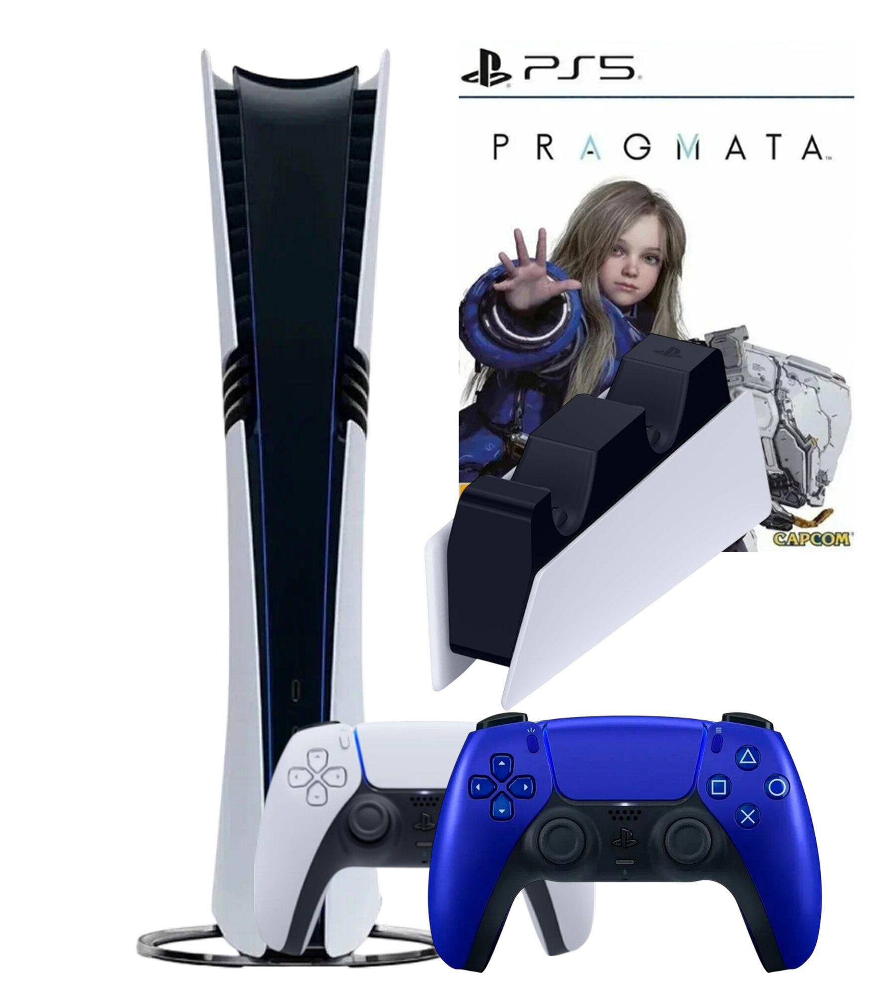 Игровая приставка PlayStation 5 Pro + 2й геймпад синий кобальт + игра Pragmata + станция зарядки