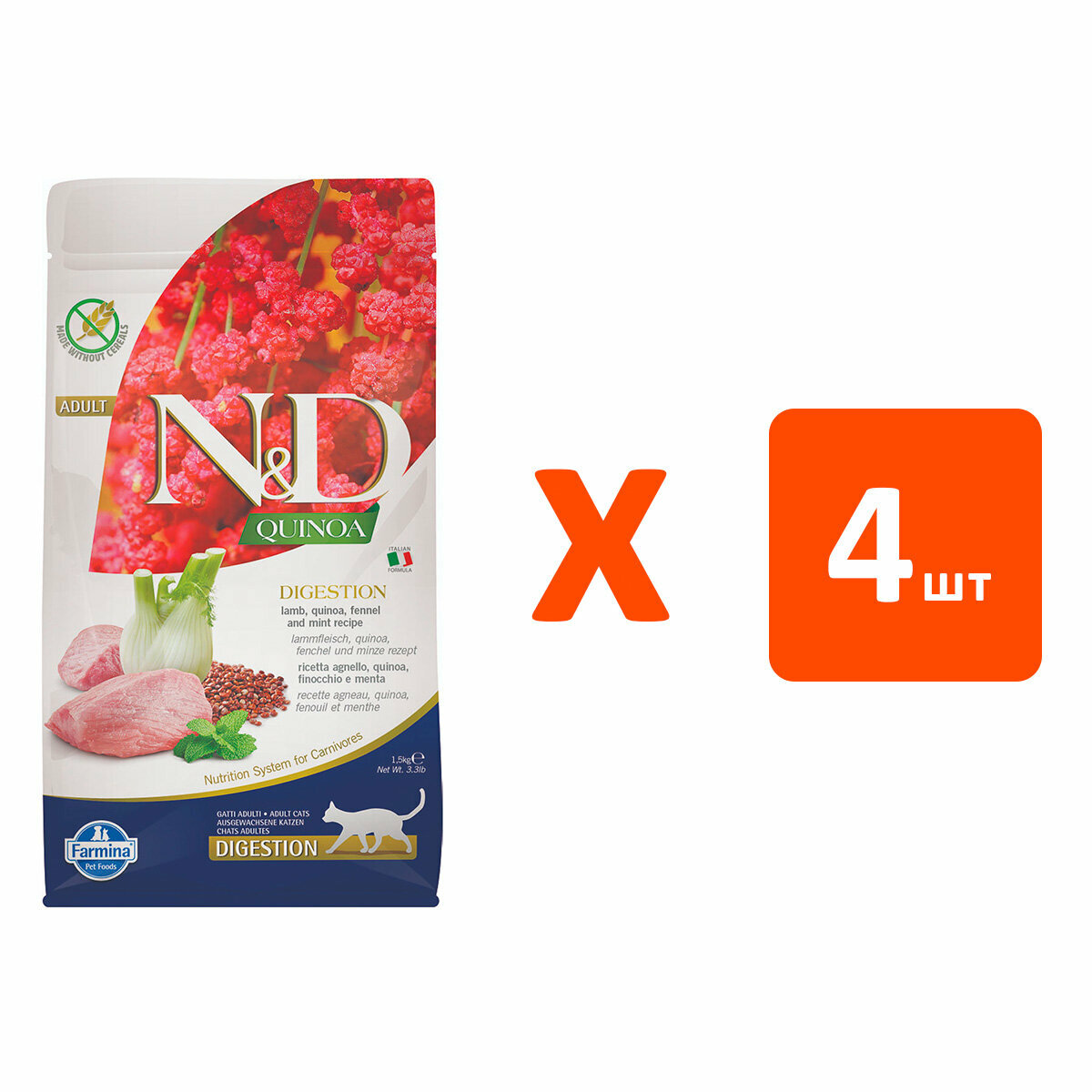 FARMINA CAT N&D GRAIN FREE QUINOA DIGESTION LAMB беззерновой для взрослых кошек при аллергии с ягненком и киноа (1,5 кг х 4 шт)