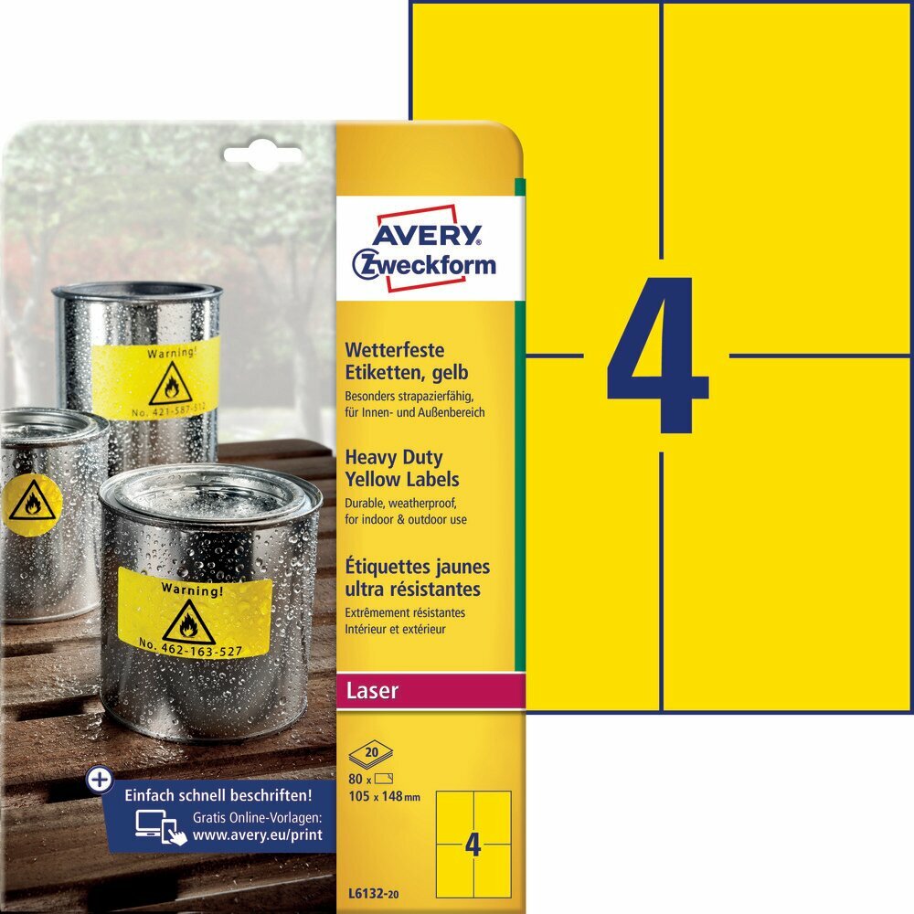 Всепогодные пленочные этикетки Avery Zweckform [L6132-20] (желтые, 105x148 мм, 80 шт, 20 листов)