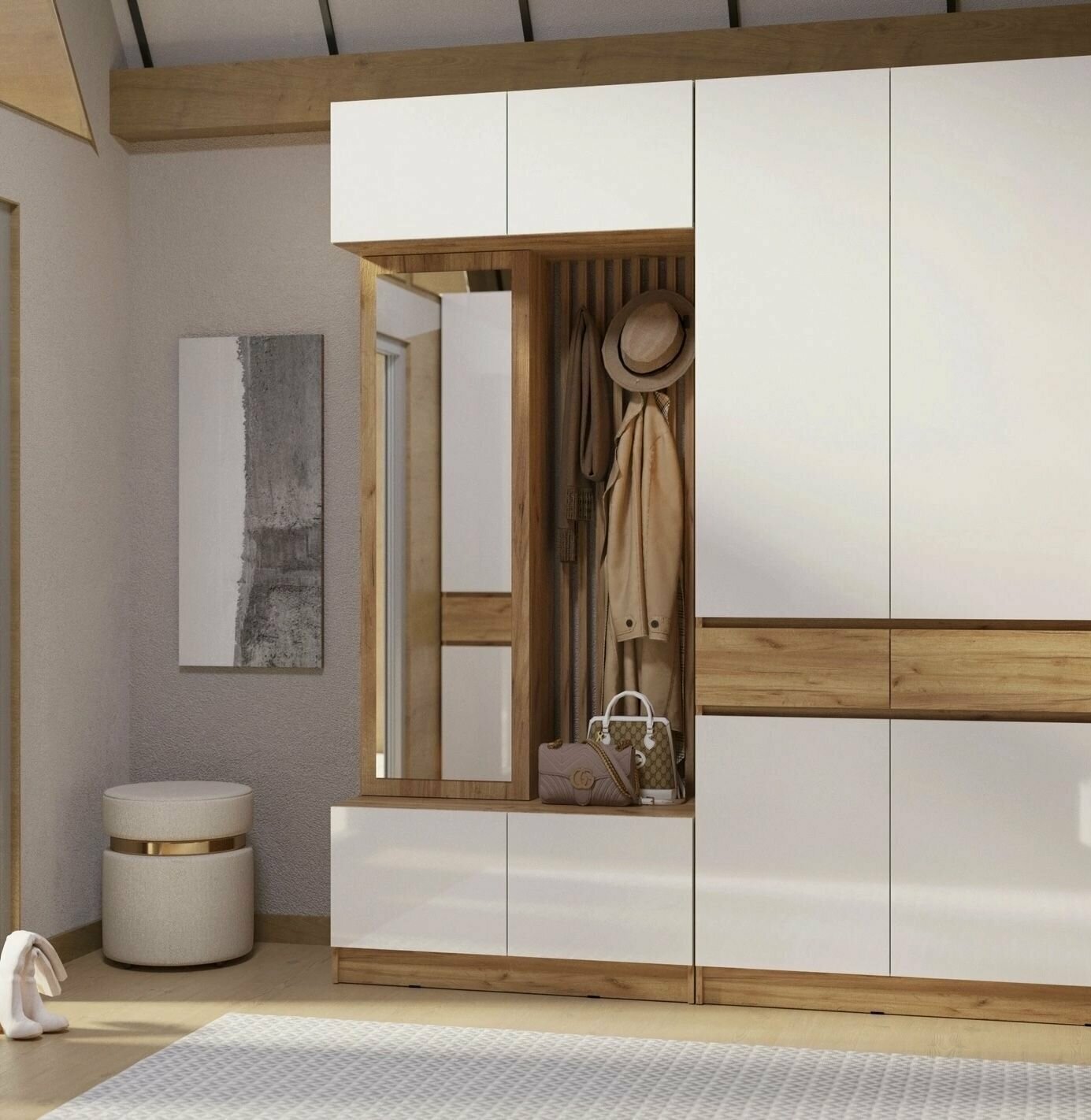 Прихожая Роджина. 2 метра. ЛДСП Дуб Крафт золотой/белый глянец