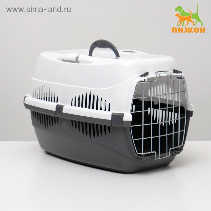 Переноска для животных до 12 кг "Пижон" 49х33х32см, металлическая дверь, бело-серая, 4940329