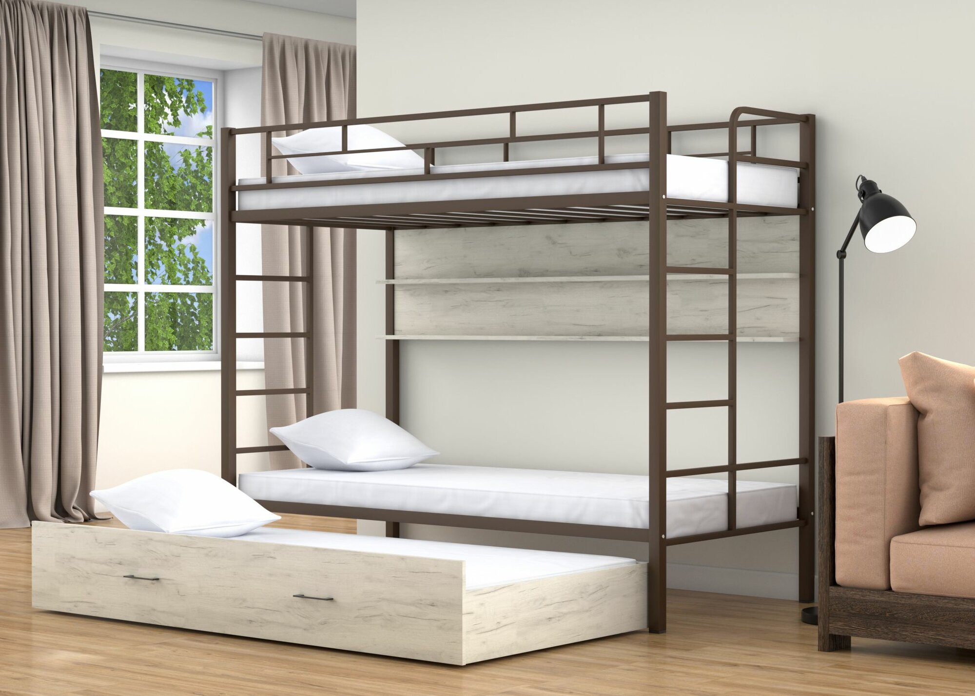 Двухъярусная кровать Валенсия Твист выкатная с полкой Коричневый/Дуб крафт белый