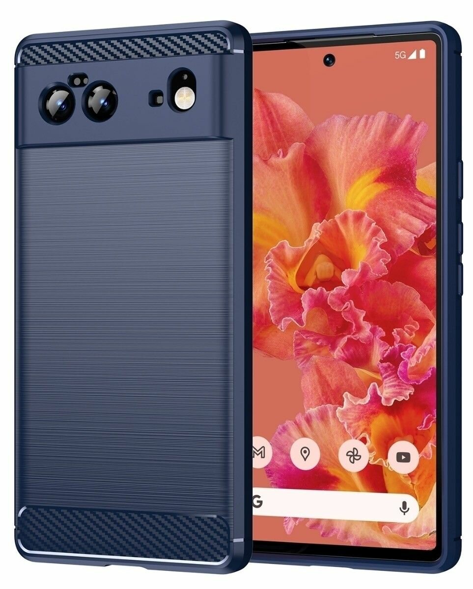 Чехол на Google Pixel 6 силиконовый карбон сталь синий противоударный