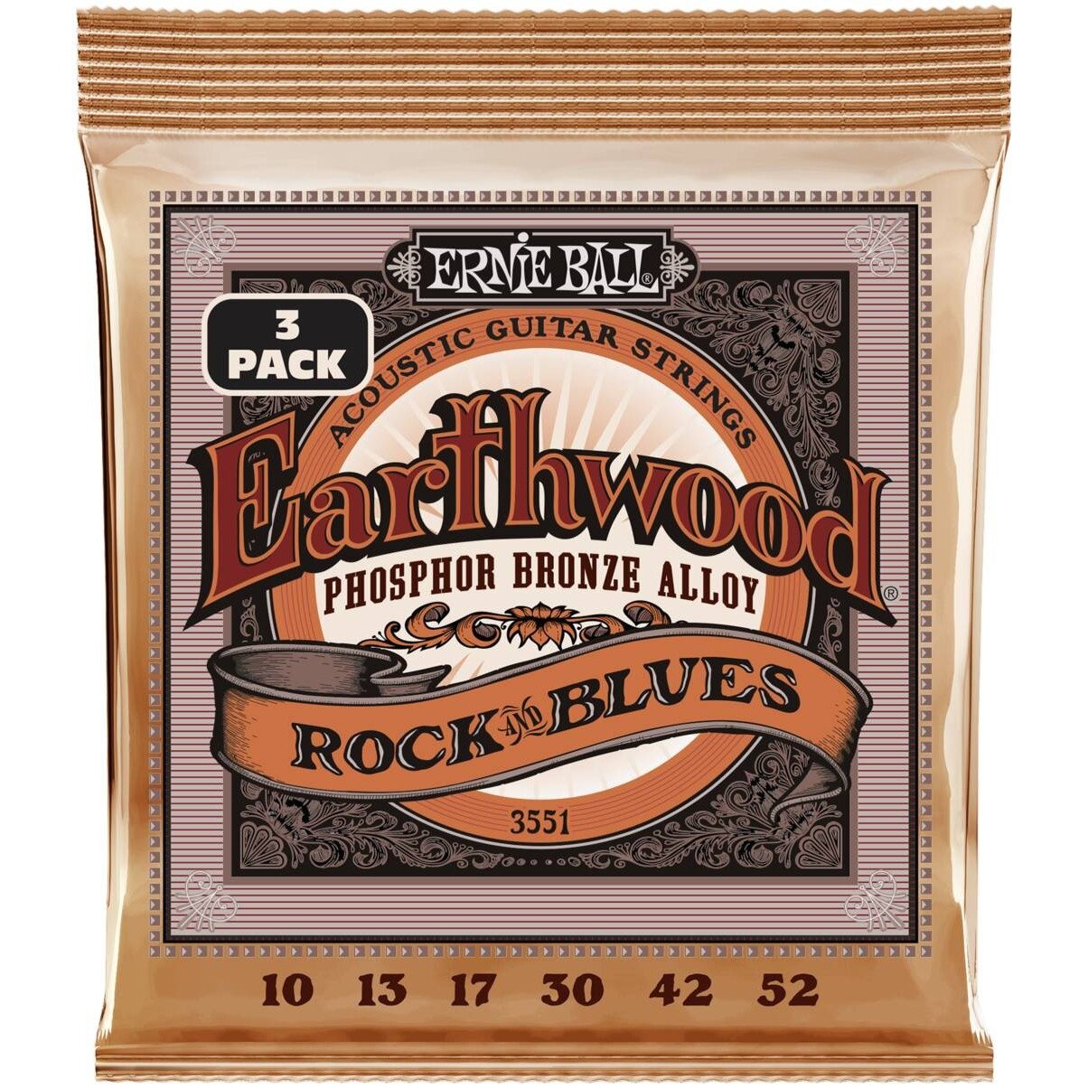 Струны для акустической гитары ERNIE BALL 3551, набор из 3 упаковок 10-52