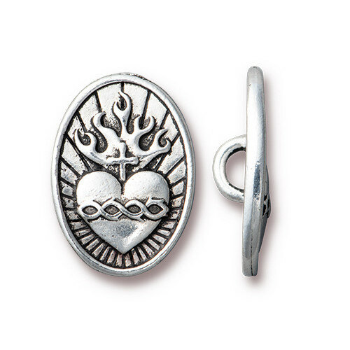 Пуговица 19х13.5х5мм, TierraCast, на ножке, Святейшее Сердце, базовый материал - оловянный сплав, посеребрённая с чернением, 1 шт.