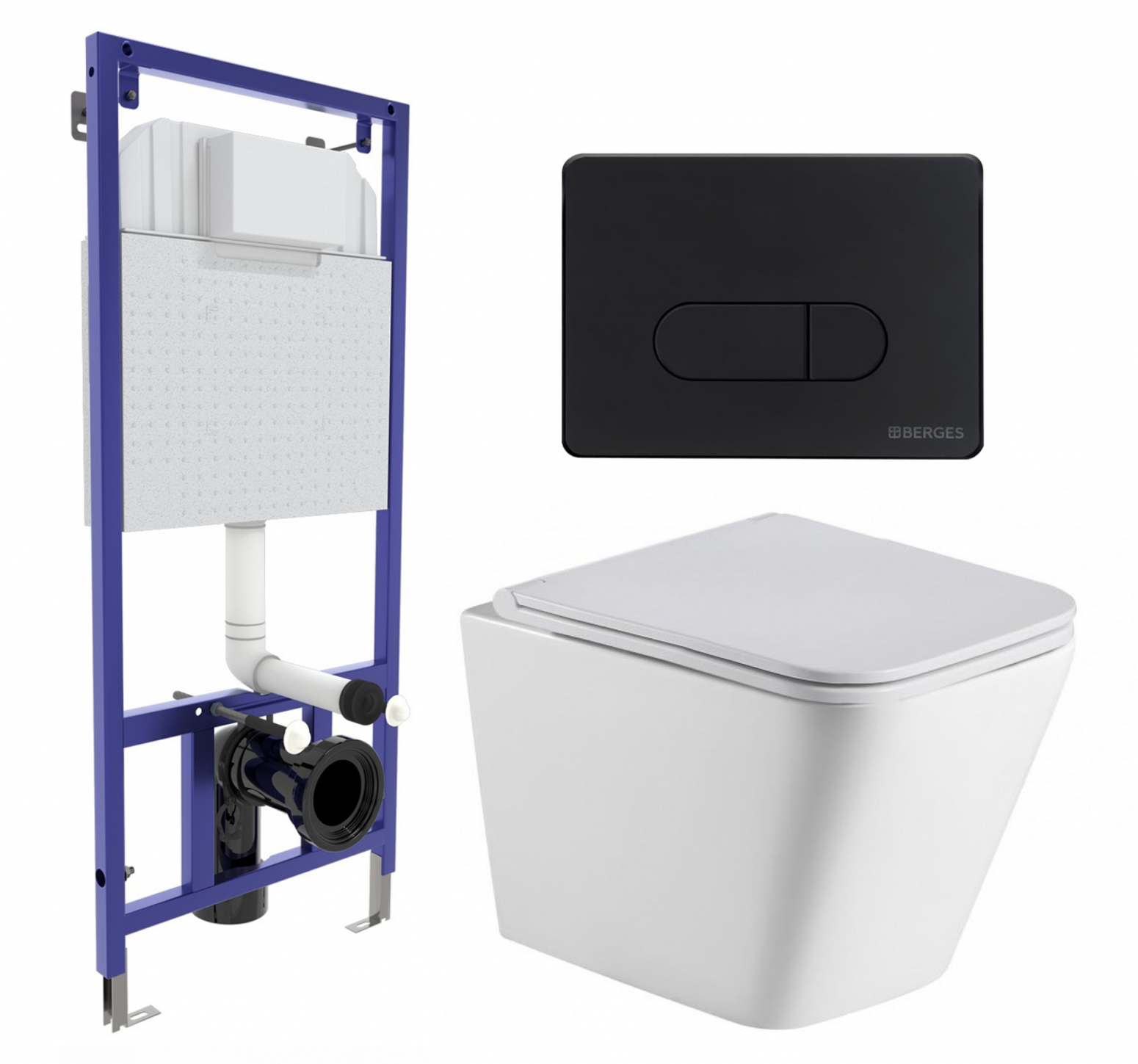 Комплект 3 в 1 инсталляция Berges Wasserhaus Novum 040235 + Подвесной унитаз WeltWasser Gelbach 043 GL-WT + кнопка черная