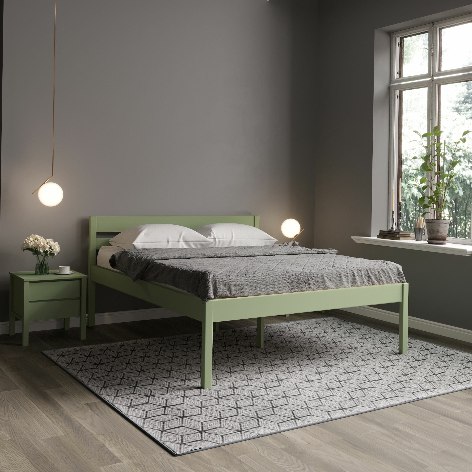 Кровать двуспальная 180х200 оливковая из массива березы Hansales, высокая, деревянная экологичная кровать для спальни, натуральное дерево, комфортная и стильная