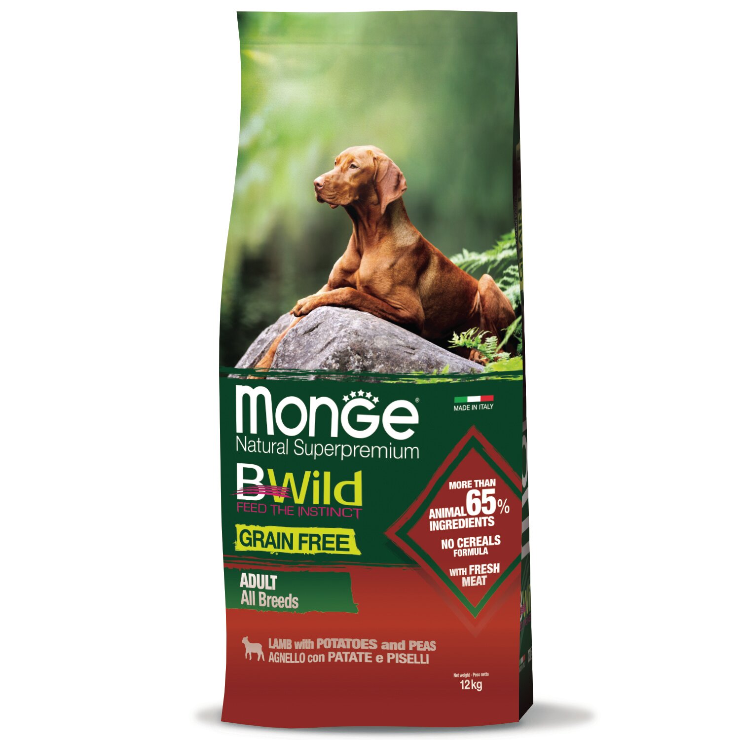 Сухой корм Monge Dog BWild GRAIN FREE, для взрослых собак всех пород, беззерновой, из ягненка с картофелем и горохом 12 кг