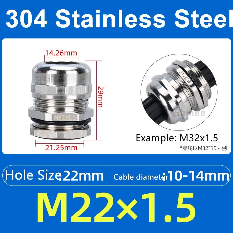 Водонепроницаемые кабельные вводы из нержавеющей стали 304, IP68 PG7 PG9 M12 M16 M22x1.5 fit 10-14mm