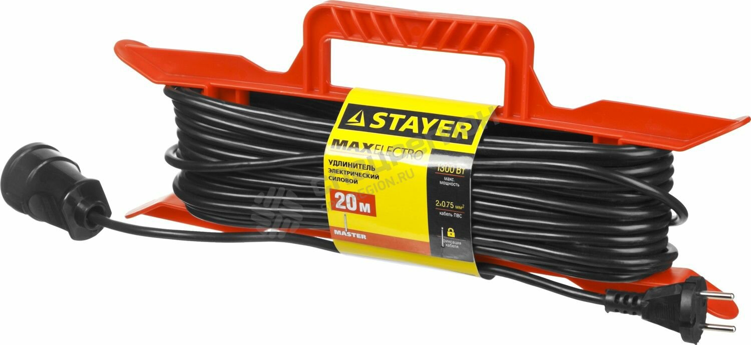STAYER MF-207, ПВС, 2 x 0.75 мм2, 20 м, 2200 Вт, силовой удлинитель-шнур на рамке 55018-20