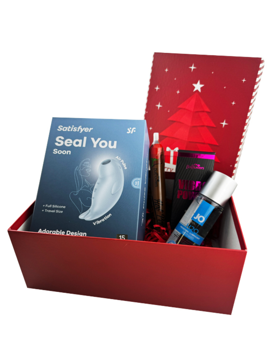 Подарочный набор BOX Santa's Secret, вакуумный стимулятор, вкусовая ручка, жидкий вибратор, смазка