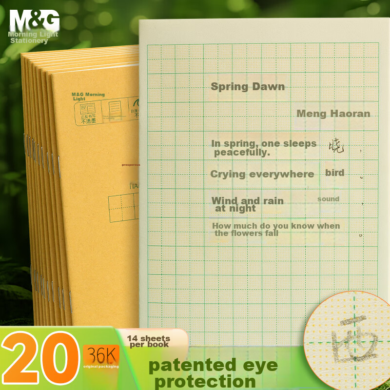 M&G Stationery Grid Notebook 36K Chinese Language Homework Book, 11 Rows 8 Columns 88 Grids, First Grade Elementary School Student Exercise Book, Kindergarten Copybook, 20 Books K36185C
