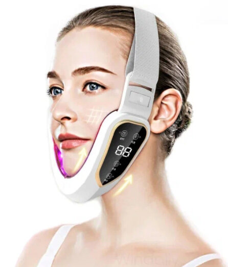 Вибромассажер для улучшения овала лица с вибрацией и светотерапией. Массажер от второго подбородка и отеков с 12 уровнями микровибрации розовый