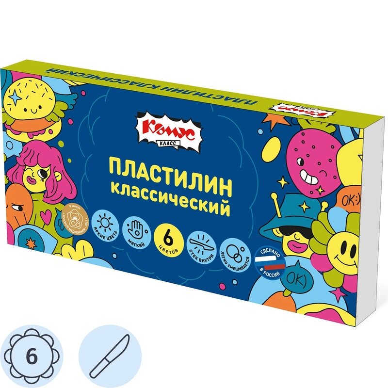 Пластилин классический Комус Класс Максики набор 6 цв 120 г, со стеком