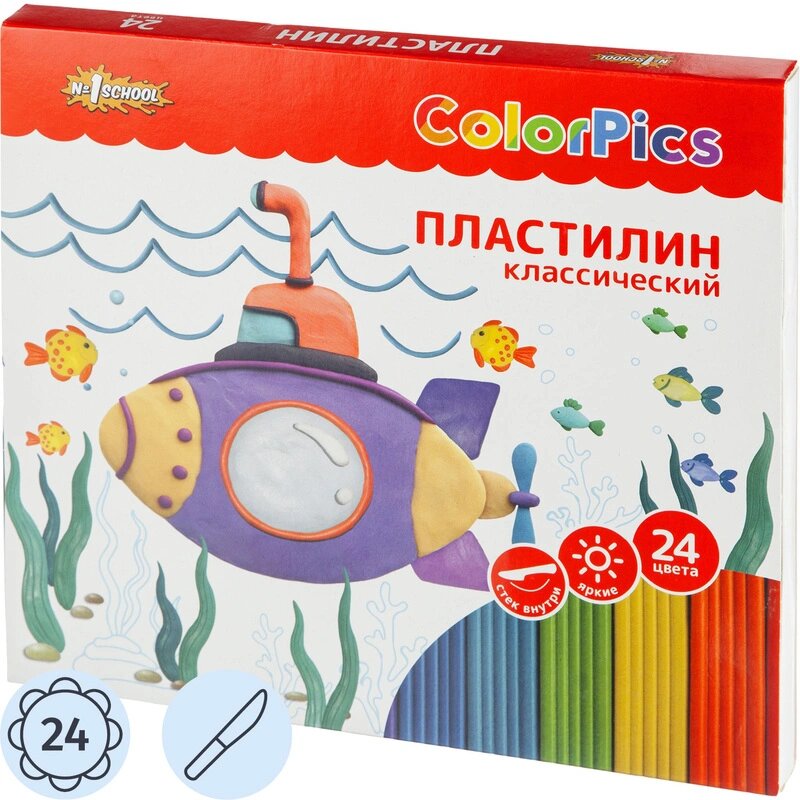 Пластилин клас. Комус Класс(№1 School)ColorPics 24 цв 480г, со стеком, картон