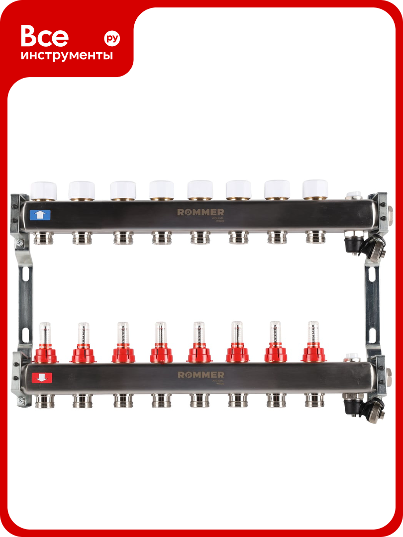 Коллектор из нержавеющей стали ROMMER с расходомерами, с клапаном вып. воздуха и сливом