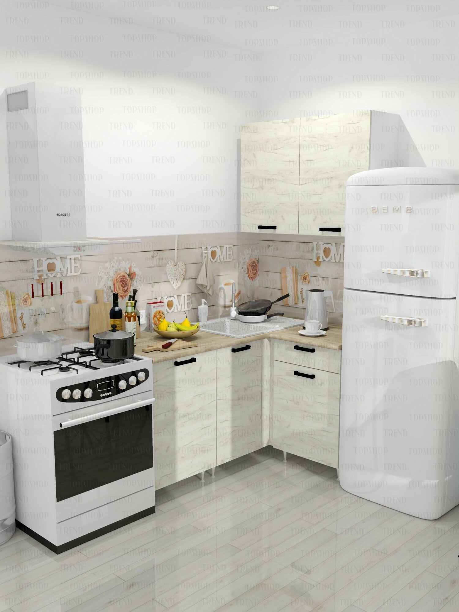 Угловой кухонный гарнитур 1.5х1.1 м, Крафт белый / Сонома