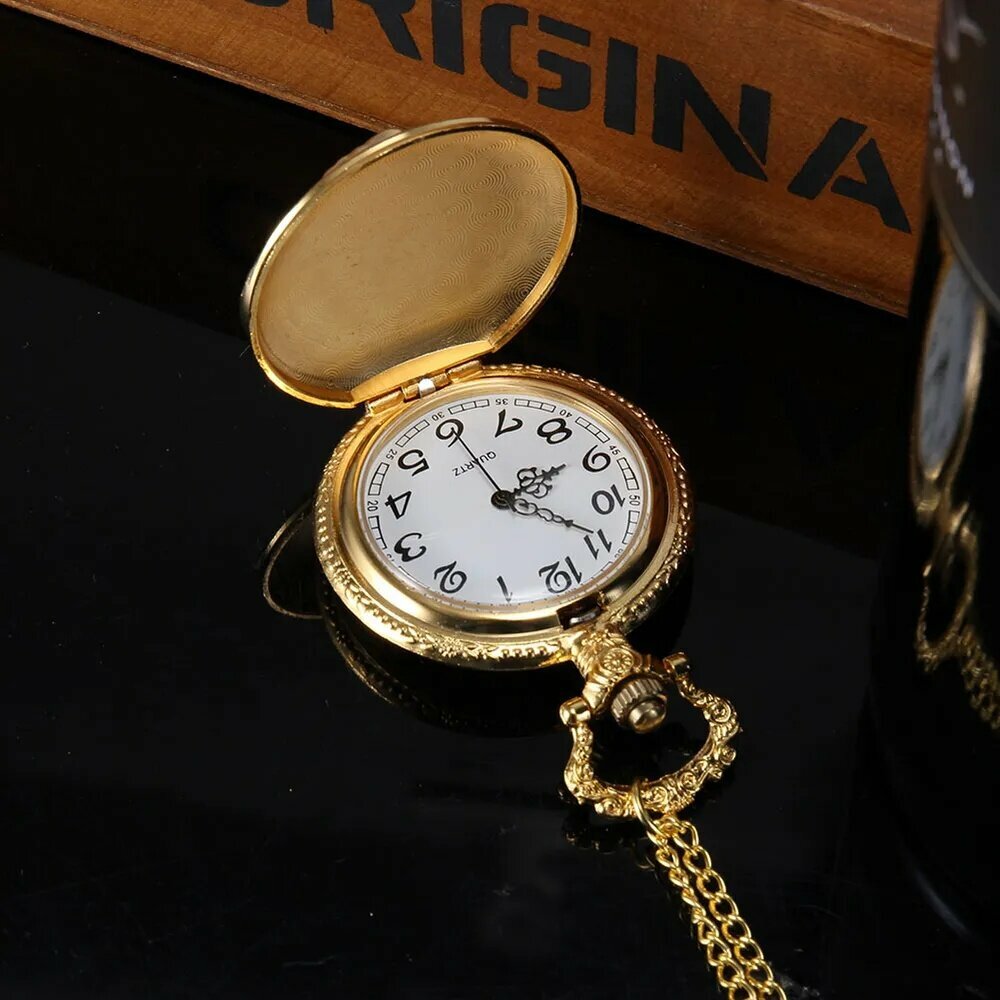 Золотые карманные часы с паровозом, большие, ретро