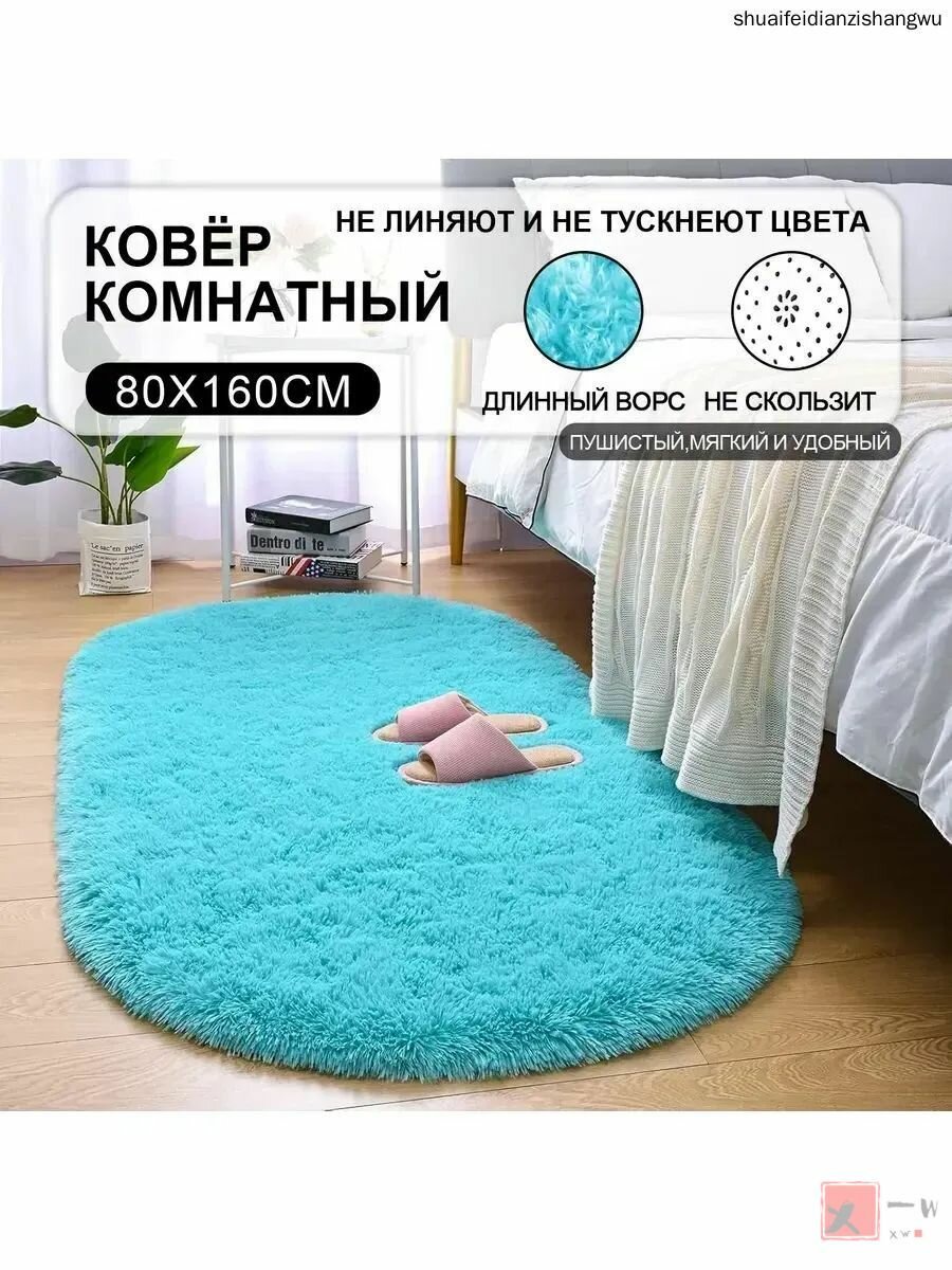 Коврик прикроватный , искусственная шерсть, бирюзовый, 0,8x1,6 м