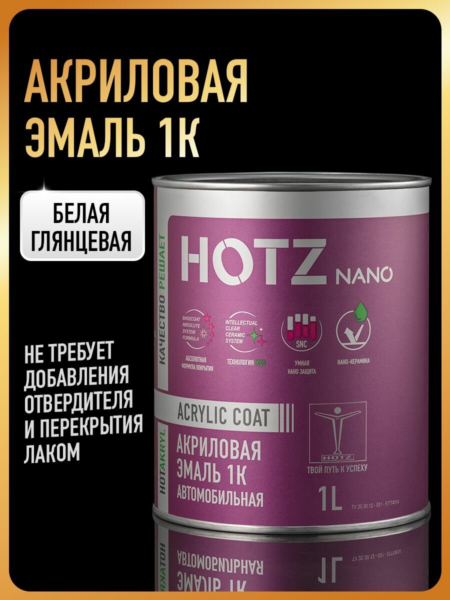 Акриловая краска автомобильная 1К Белая глянцевая, 850 мл (не требуется отвердитель), HOTZ