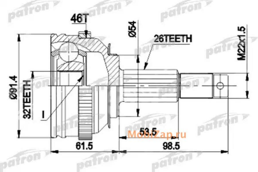 PATRON PCV9491 ШРУС наруж. к-кт 26x54.1x32 ABS46T CHRYSLER CIRRUS, SEBRING 95-99, DODGE STRATUS 95-99, PLYMOUTH BREE, 1 шт.