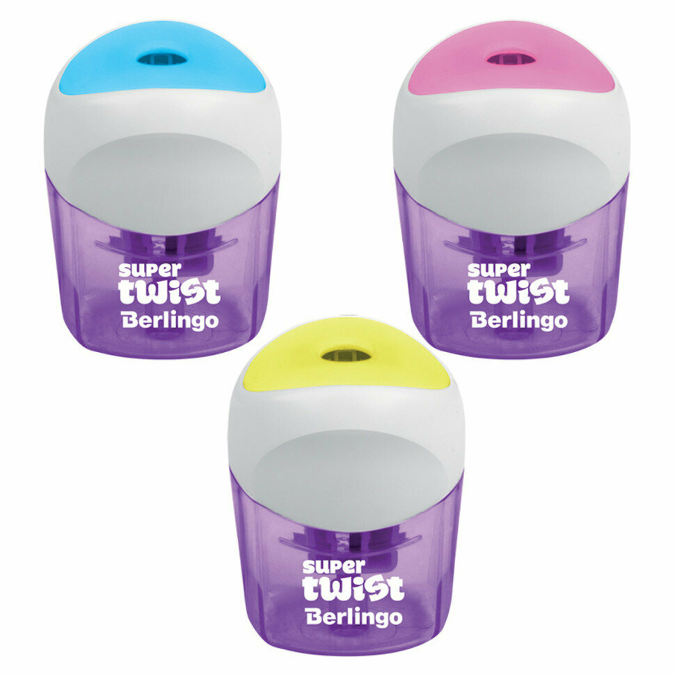 Точилка пластиковая Berlingo "SuperTwist" 1 отверстие, контейнер, ассорти, блистер, 243184