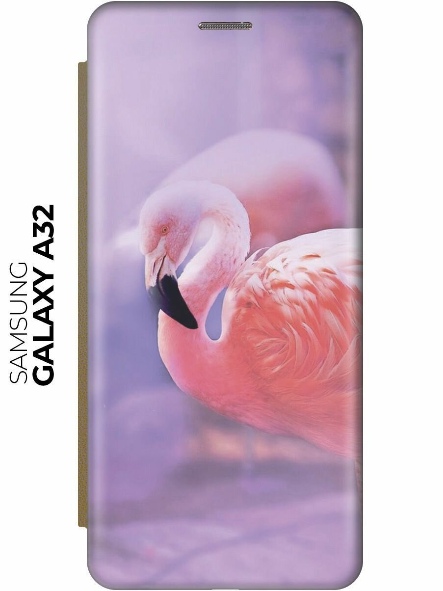 Чехол-книжка Розовый фламинго на Samsung Galaxy A32 / Самсунг А32 золотой