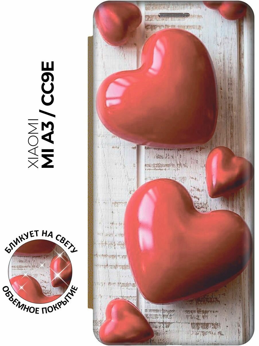 Чехол-книжка Сердечки на белом столе на Xiaomi Mi A3 / CC9e / Сяоми Ми А3 / Ми СС9е с эффектом блика золотой