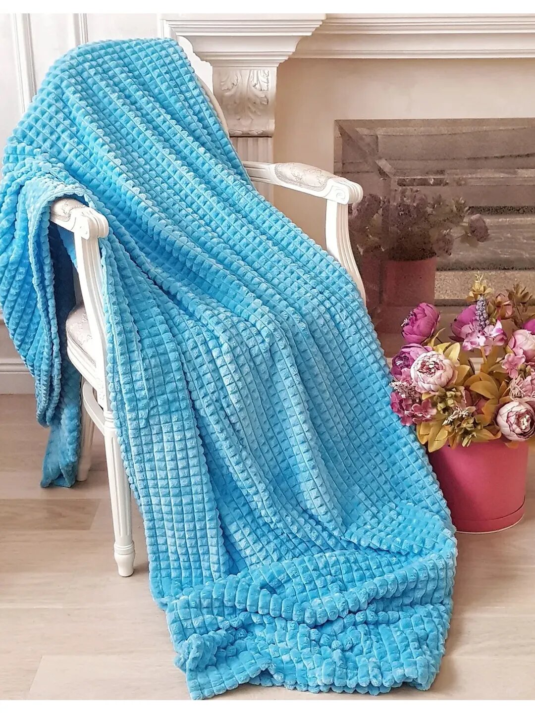 Плед Mega Outlet "Кубики", велсофт, 200x220 см, евро, голубой