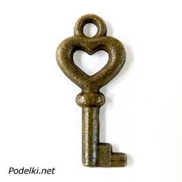 Фурнитура для бижутерии Подвеска Ключик Сердце 0004510 бронзовый цвет 25x12 мм, цена за 10 шт.