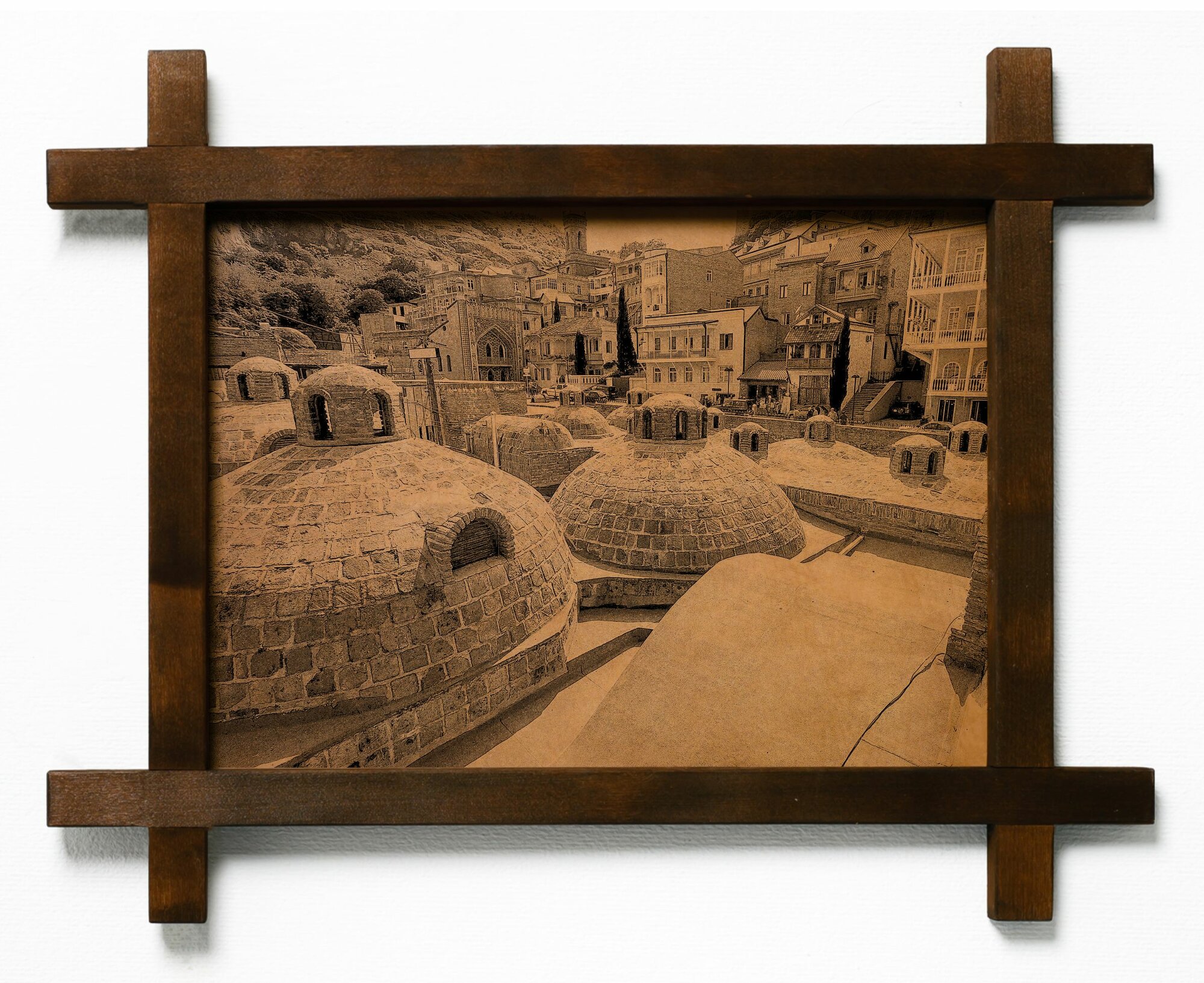 Интерьерная картина из натуральной кожи "Серные бани Абанотубани в Тбилиси", декоративное настенное панно в деревянной раме, BoomGift