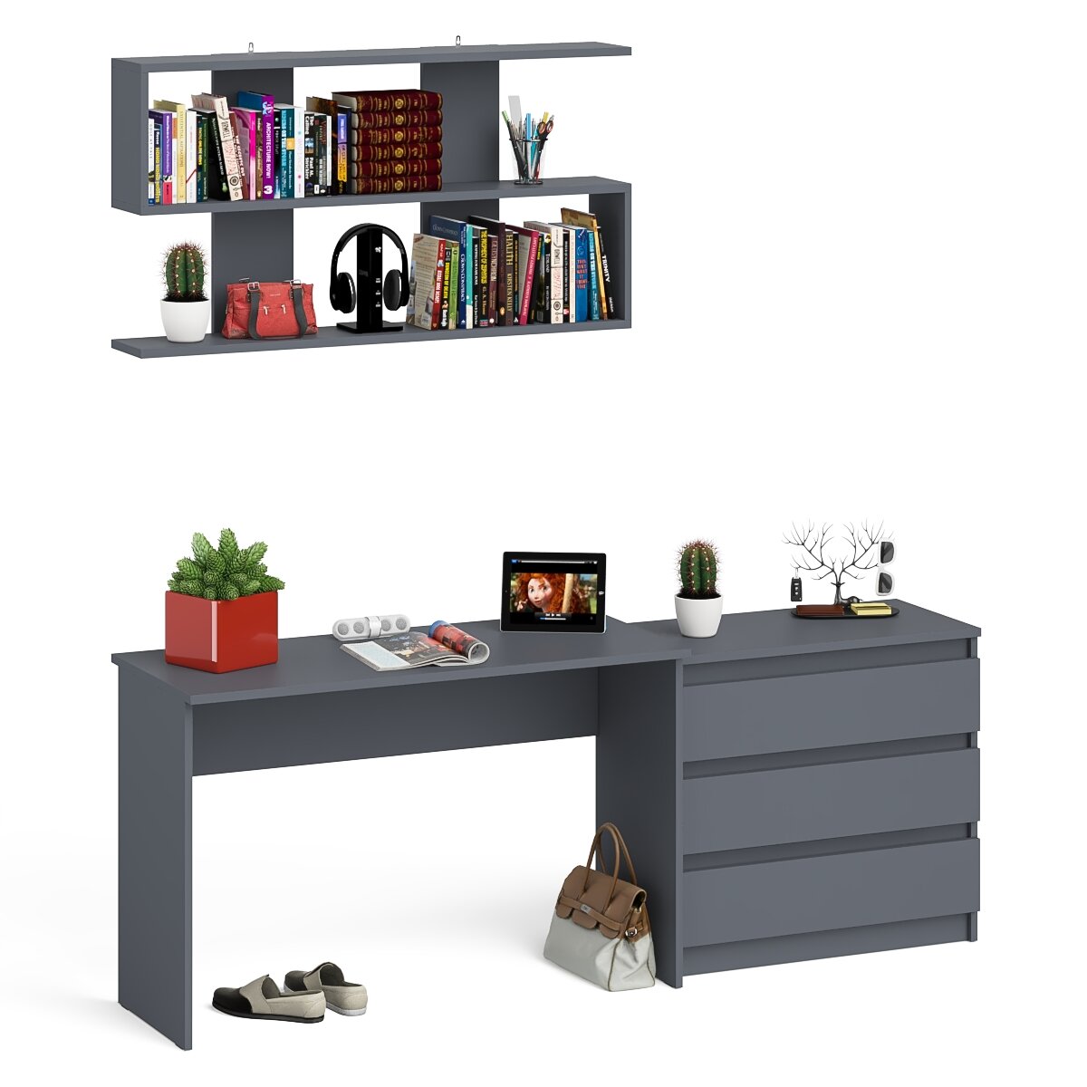 Комод три ящика СВК Мори 800 с письменным столом и навесной полкой цвет графит