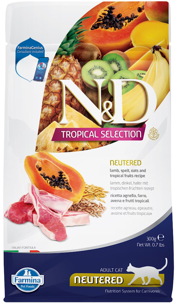 FARMINA CAT N&D TROPICAL SELECTION NEUTERED LAMB низкоз вз стерил кош ягненок, спельта, овес, фрукты 0,3 кг