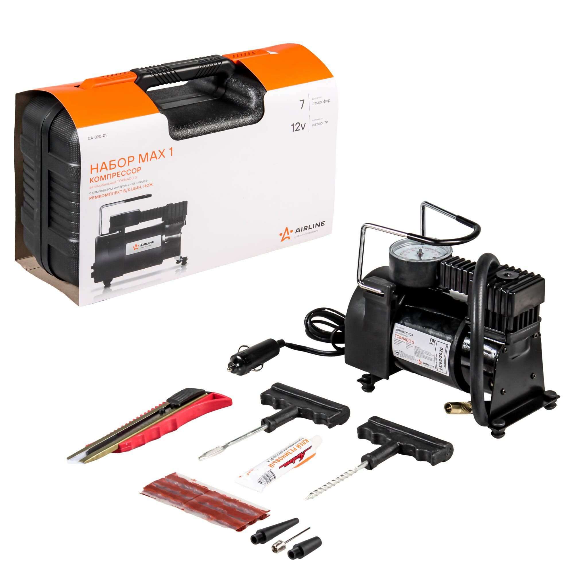 Компрессор TORNADO S Airline CA02001 (ремкомплект б/к шин, нож), в кейсе