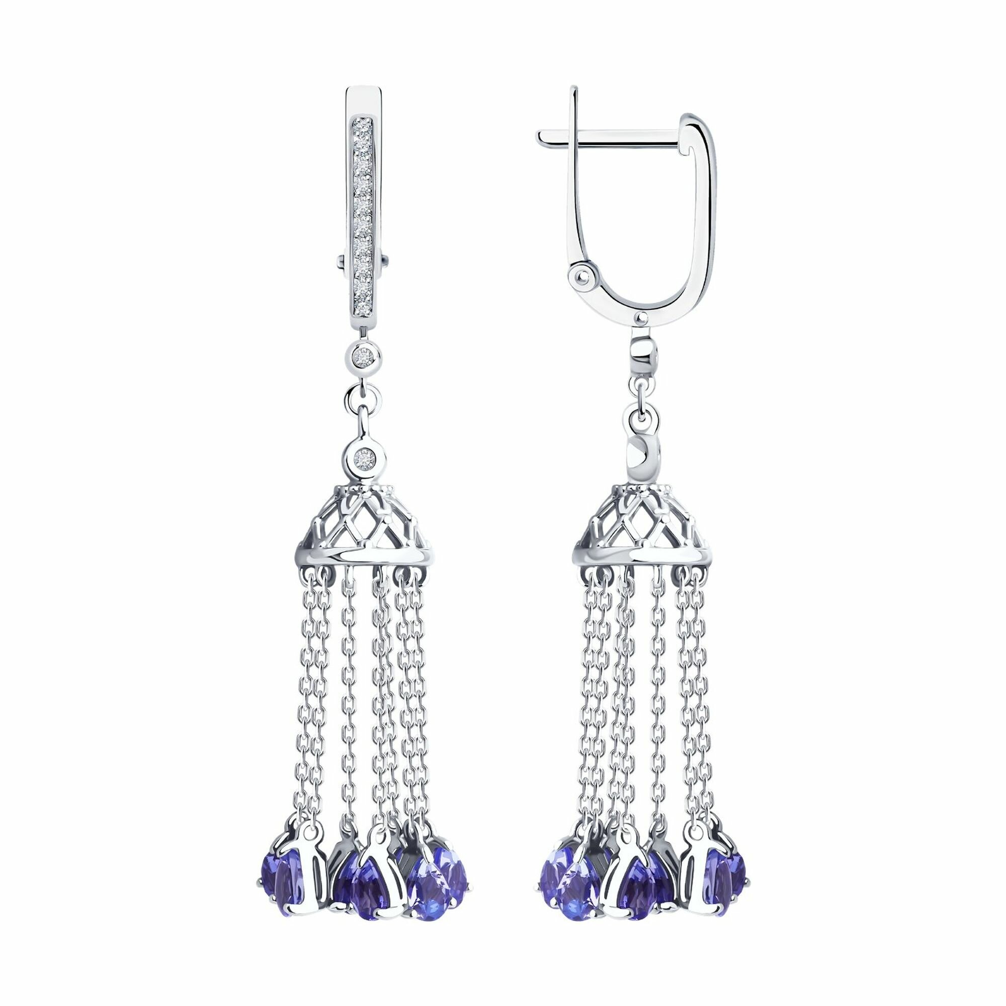 Серьги, белое золото, 585 проба, танзанит, бриллиант