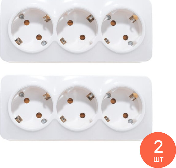 Розетка силовая штепсельная UNIVersal / Юниверсал Ionich белая, 3-местная с заземляющими контактами, открытая установка 1420 / электрооборудование (комплект из 2 шт)