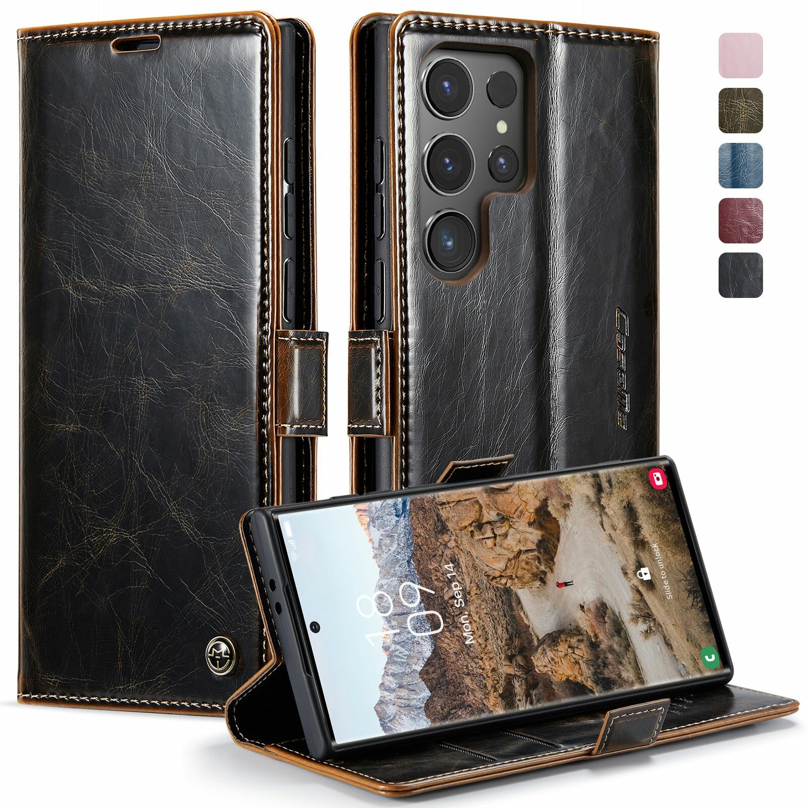 CaseMe Кожаный книжка чехол для Samsung Galaxy S24 Ultra (Самсунг Галакси С24 Ультра) с визитницей из экокожи