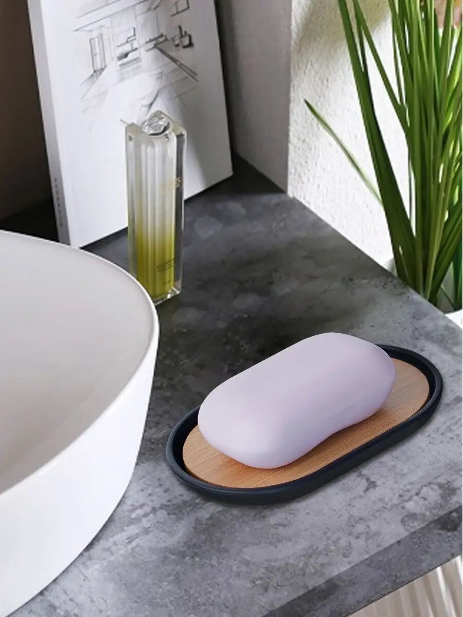 Мыльница со сливом для ванной Comfuu Eco Bamboo, пластиковая с бамбуковой вставкой